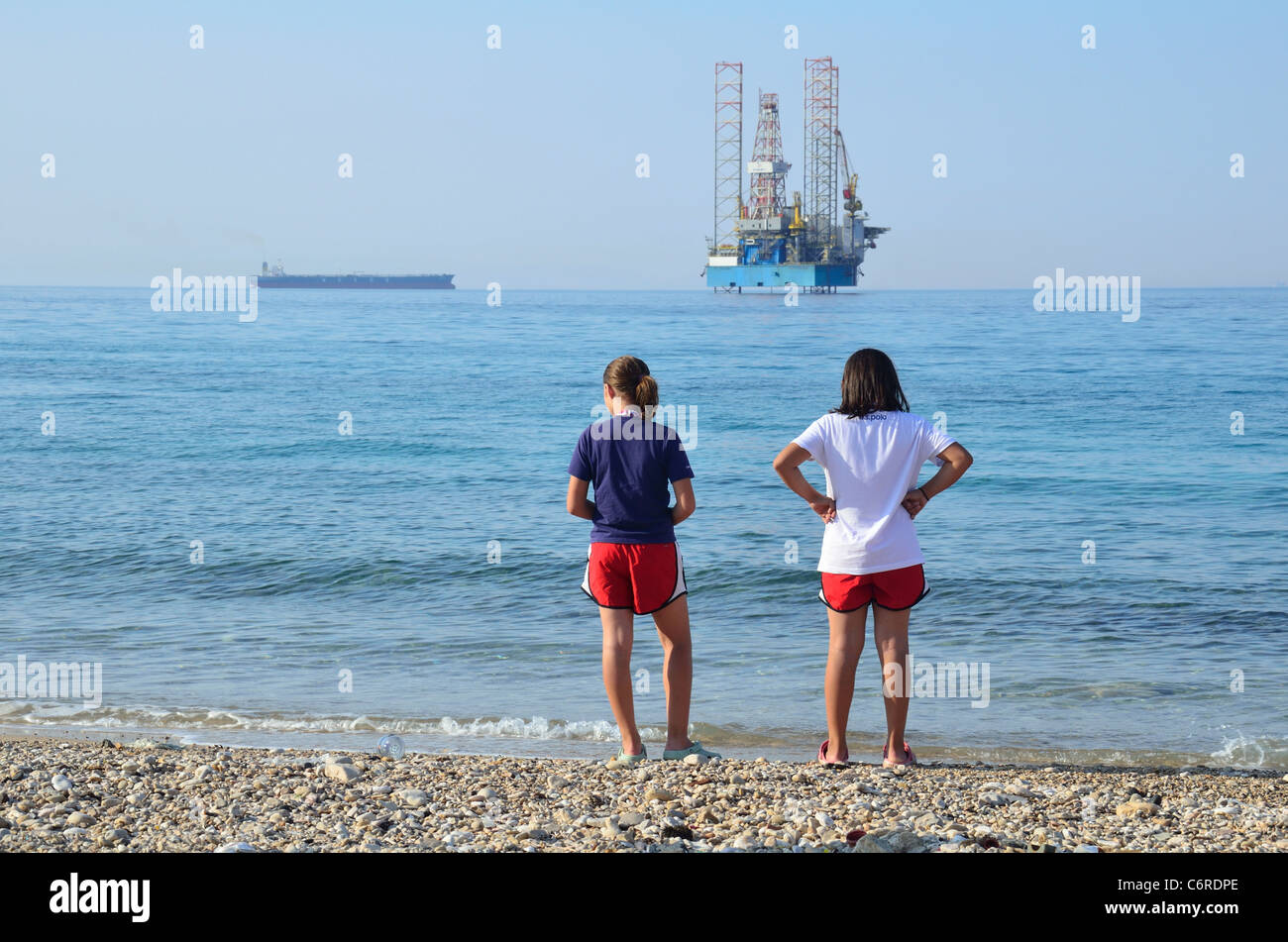 A jackup oil rig lies in the shallow waters of the Red Sea off the ...