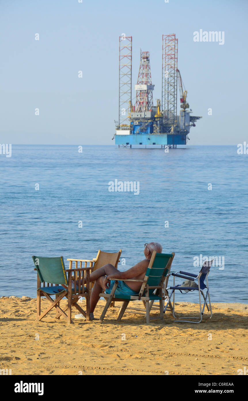 A jackup oil rig lies in the shallow waters of the Red Sea off the ...
