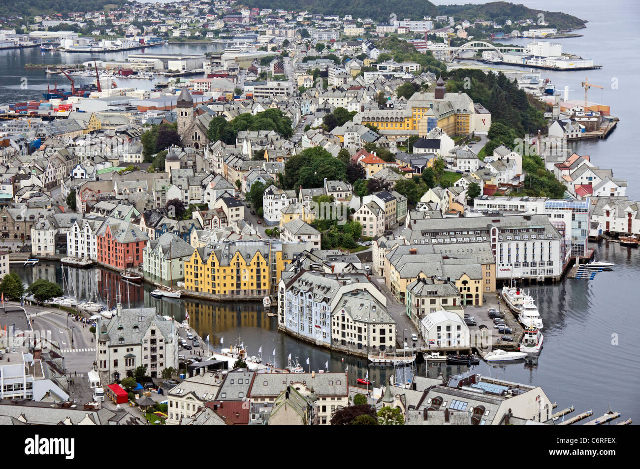 The centre of Norwegian town Aalesund as seen from viewpoint Fjellstua ...