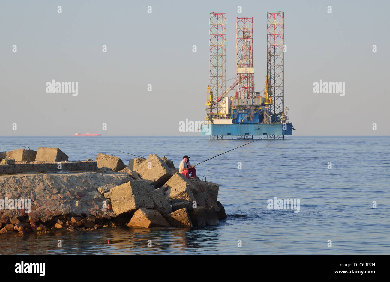 A jackup oil rig lies in the shallow waters of the Red Sea off the ...