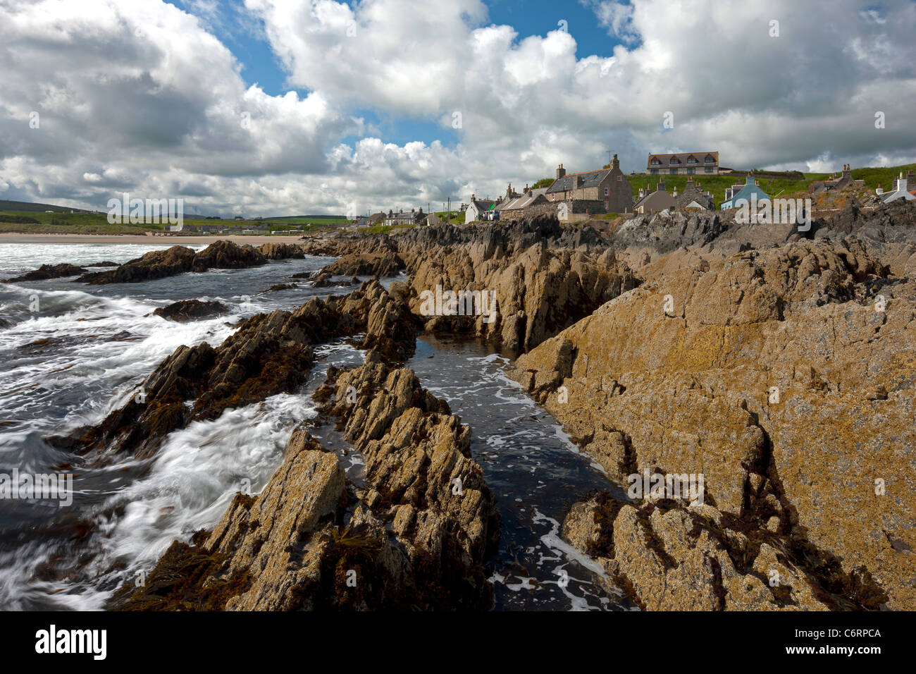 Sandend Bay and rocks on the Moray Firth, North East Scotland Stock ...