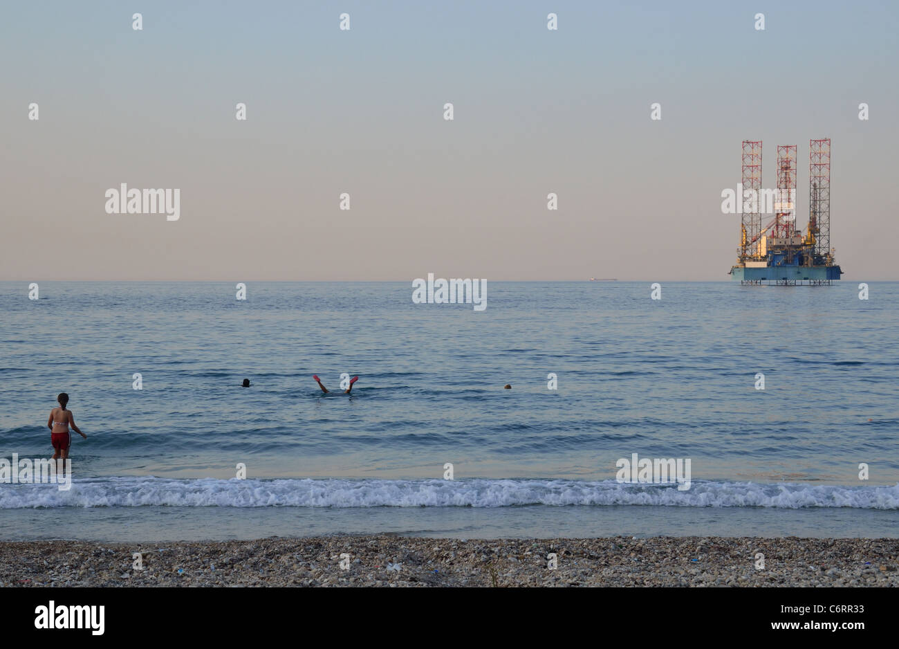 A jackup oil rig lies in the shallow waters of the Red Sea off the ...