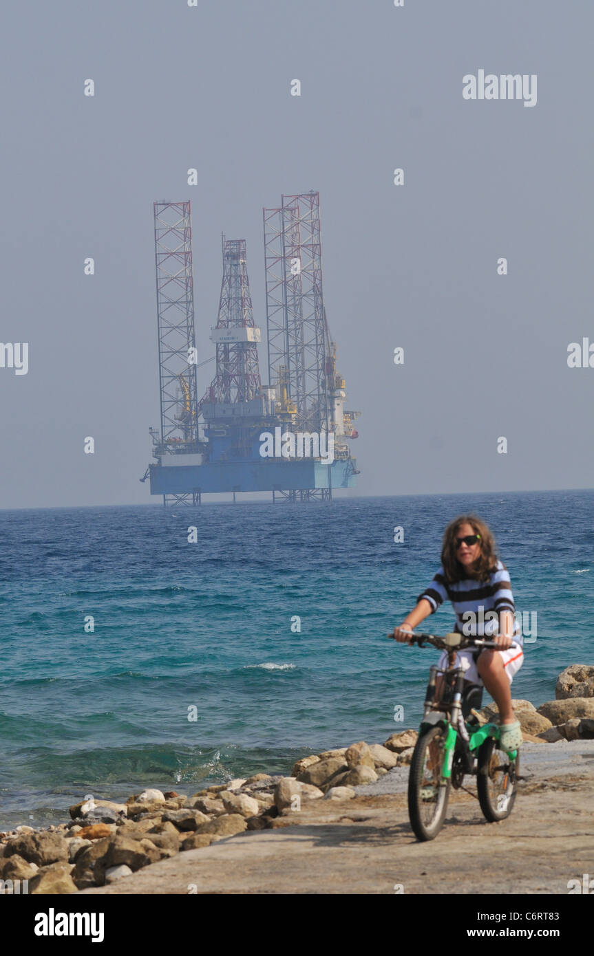 A jackup oil rig lies in the shallow waters of the Red Sea off the ...