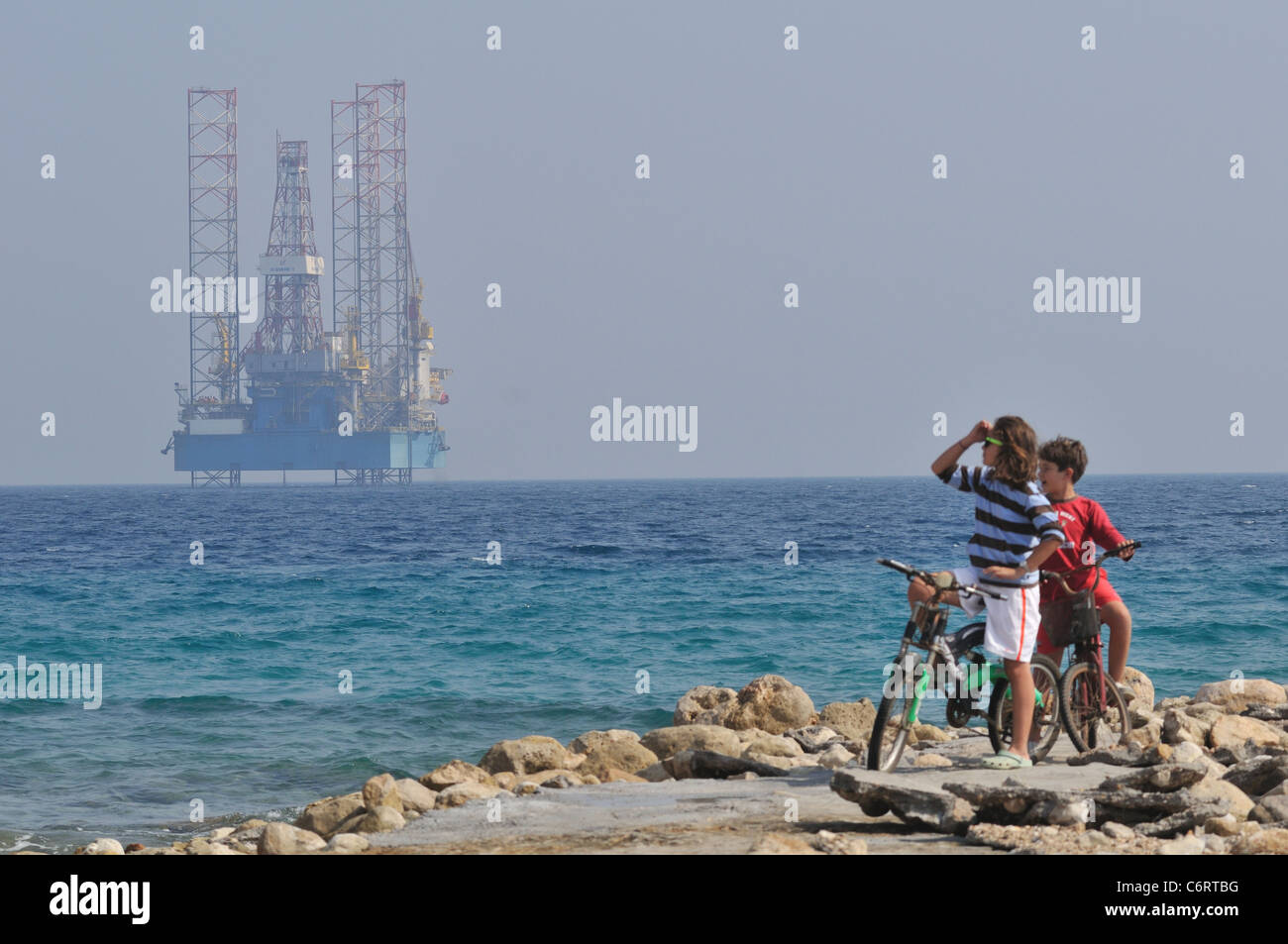 A jackup oil rig lies in the shallow waters of the Red Sea off the ...
