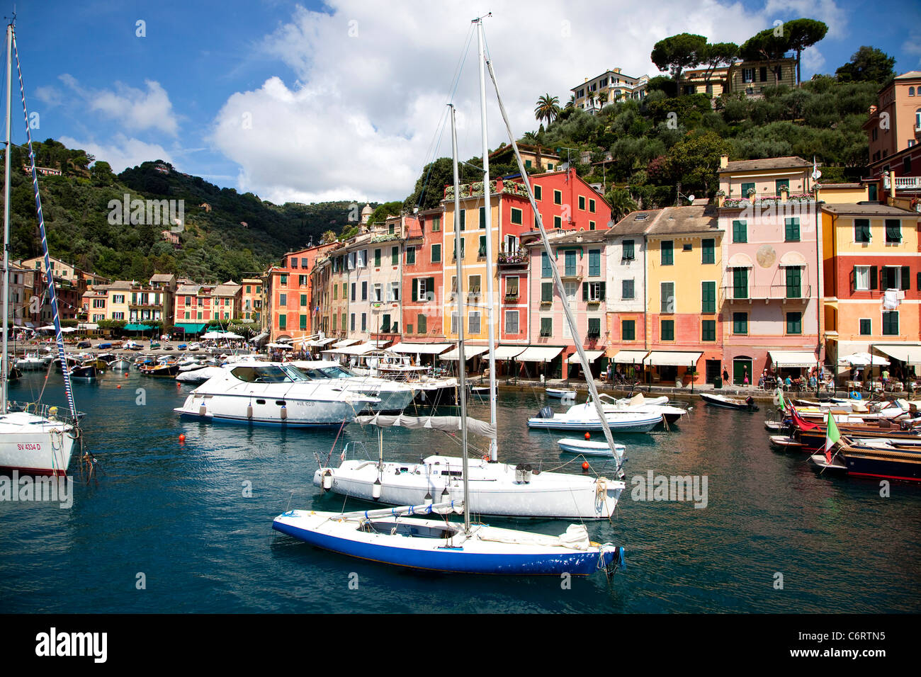 The famous town of Portofino, Liguria, Italy, its port with boats and ...