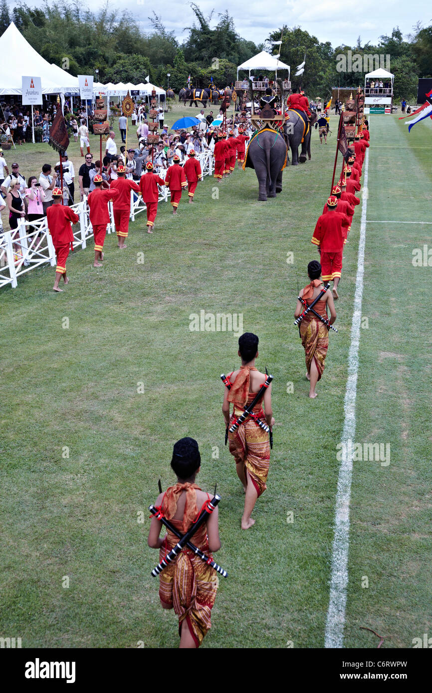 Thailand festival. Procession of people in traditional Thai dress at ...