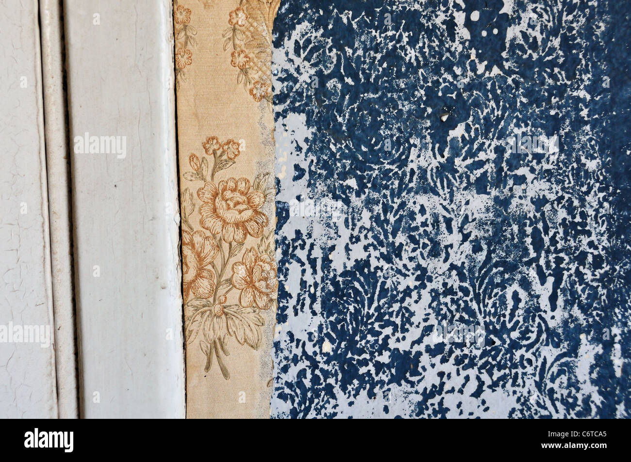 Torn vintage wallpaper and floral pattern imprinted on peeling paint ...