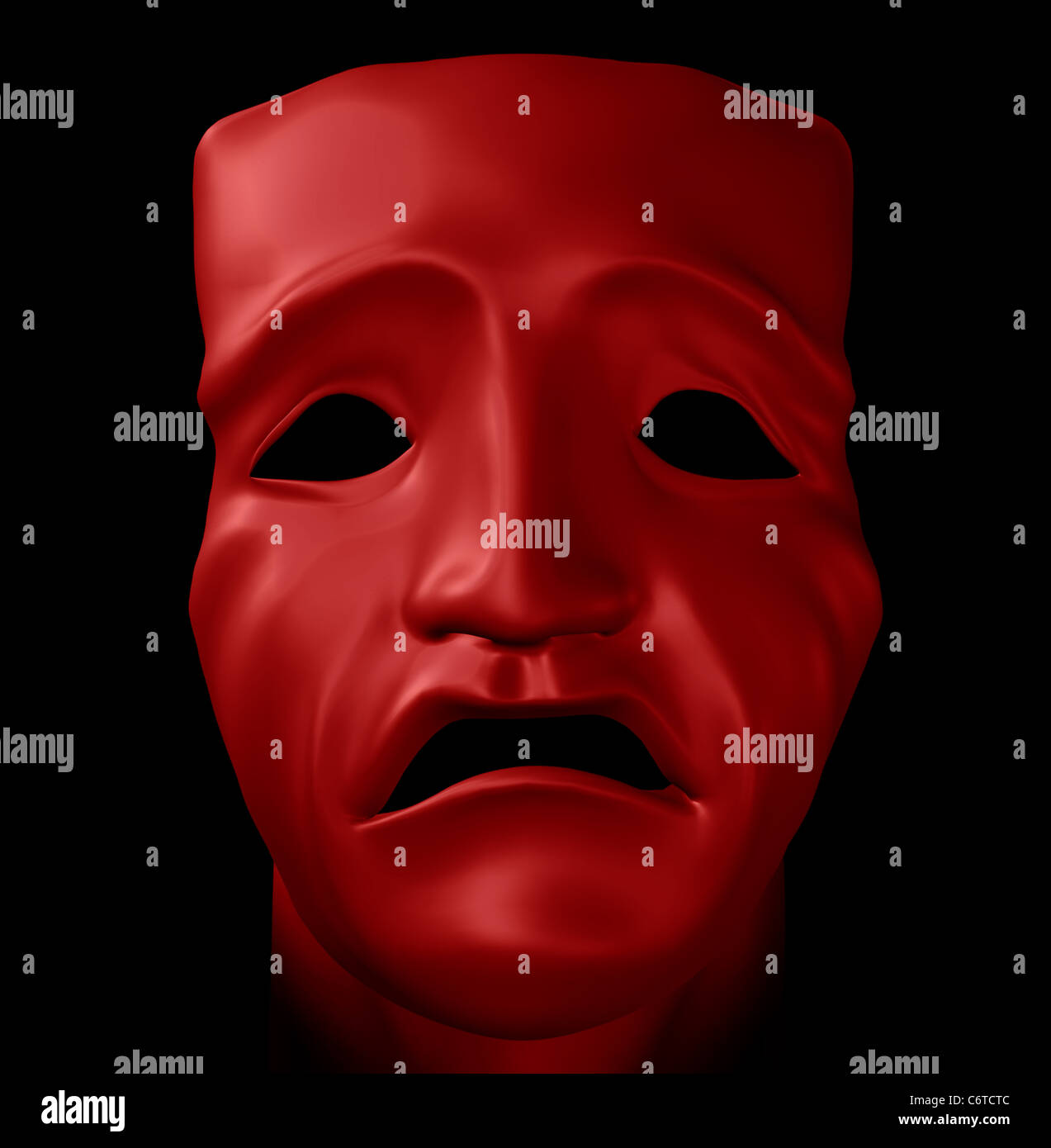 Figure with tragedy mask on black background. Digitally created 3d ...