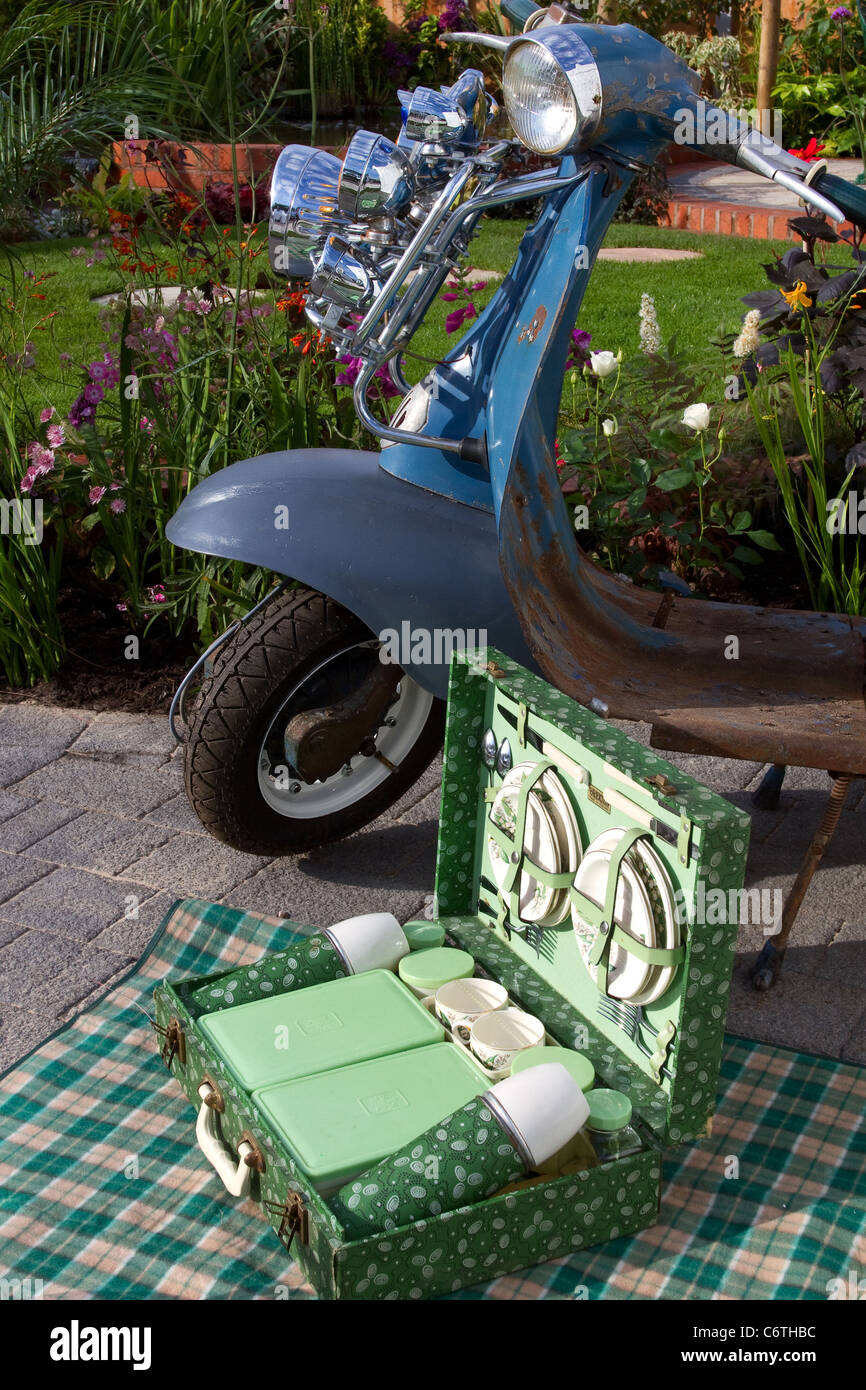 50s retro Vespa scooter and picnic basket parked at Southport ...