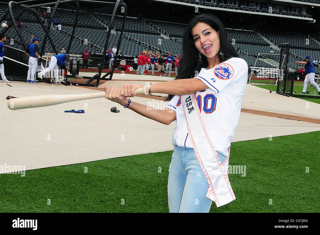 Miss USA 2010, Rima Fakih, attends batting practice with baseball team ...