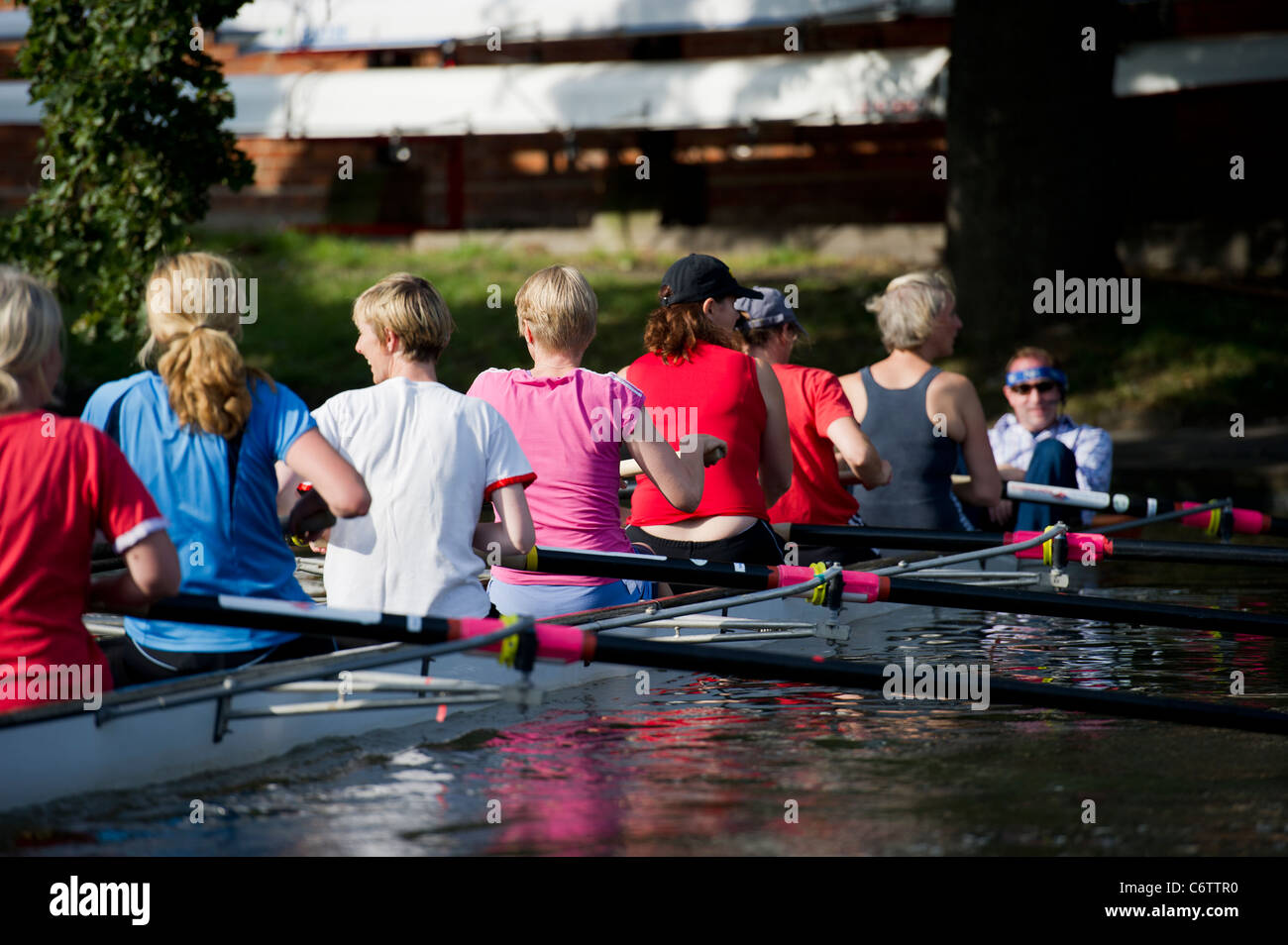 A ladies eight man (person) crew and cox rowing on the River Cam at ...