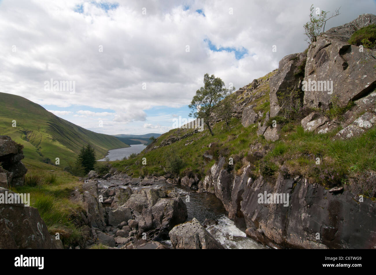 Looking from the top of Talla Water to Talla Water reservoir Stock ...