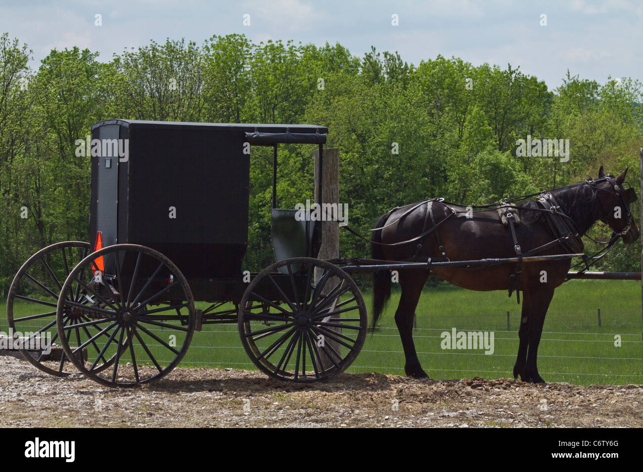 Close up of Amish a horse buggy parked on the farm land in Ohio USA US ...