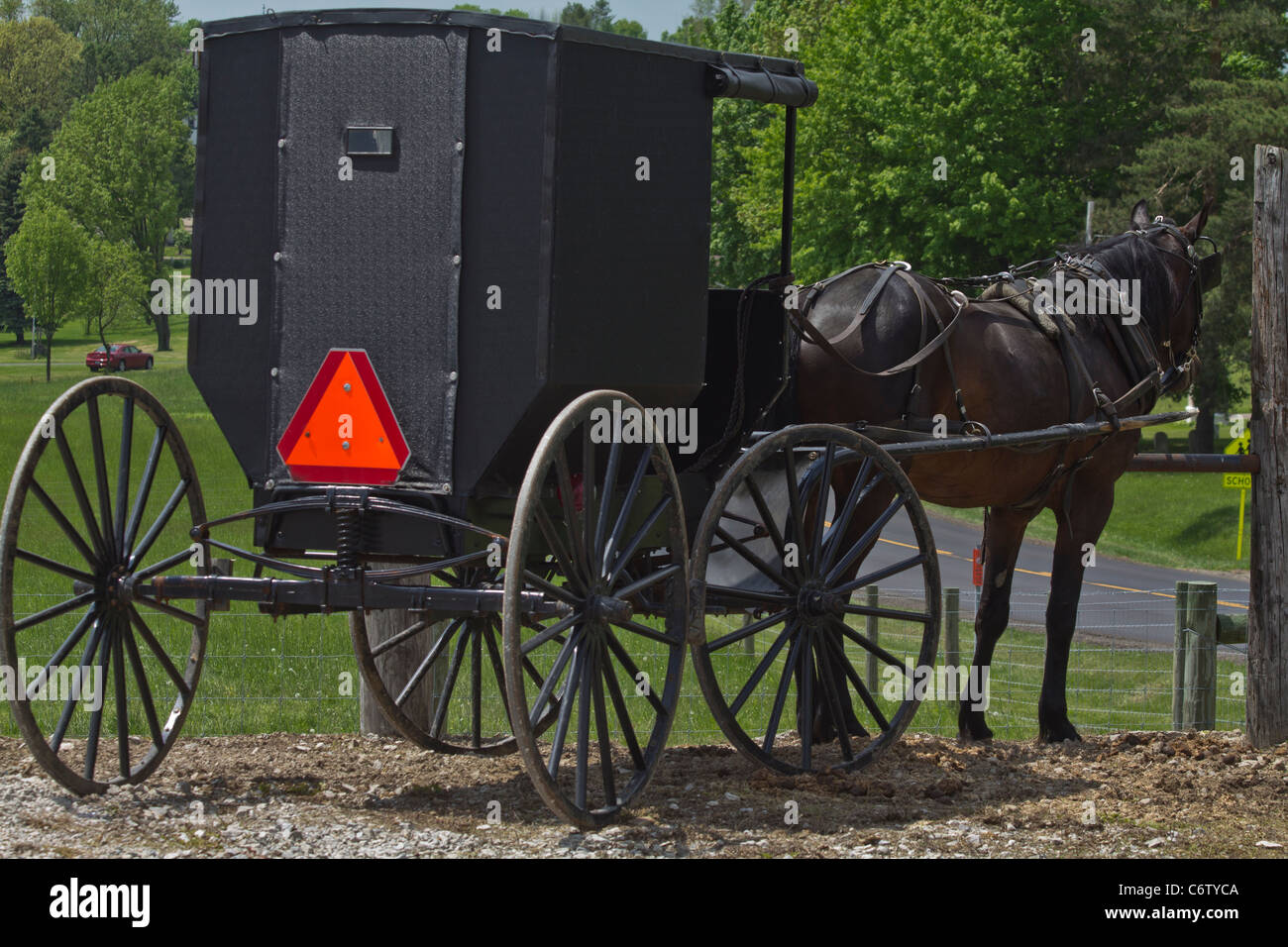 Close up of Amish a horse buggy parked on the farm land in Ohio USA US ...