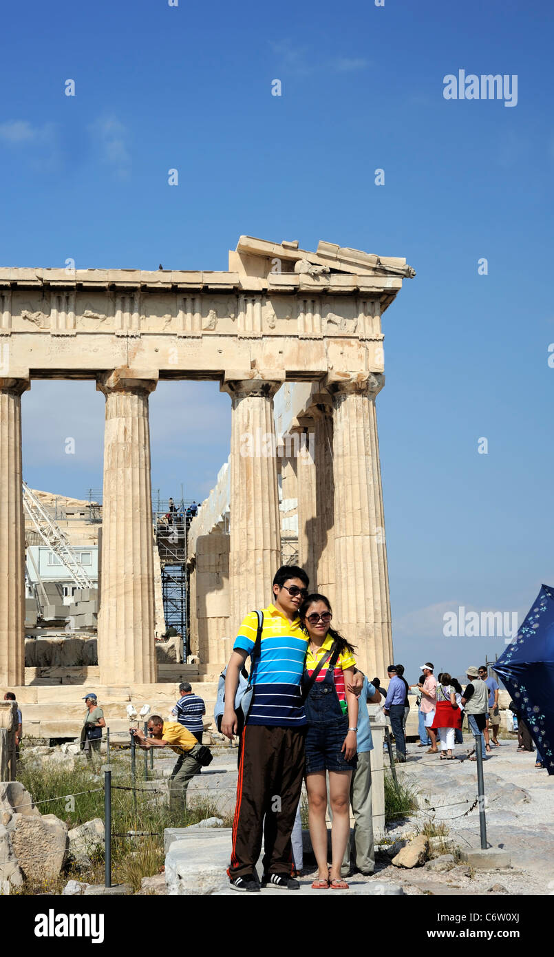 Athens, Greece, Chinese couple posing at Parthenon in Acropolis Stock ...