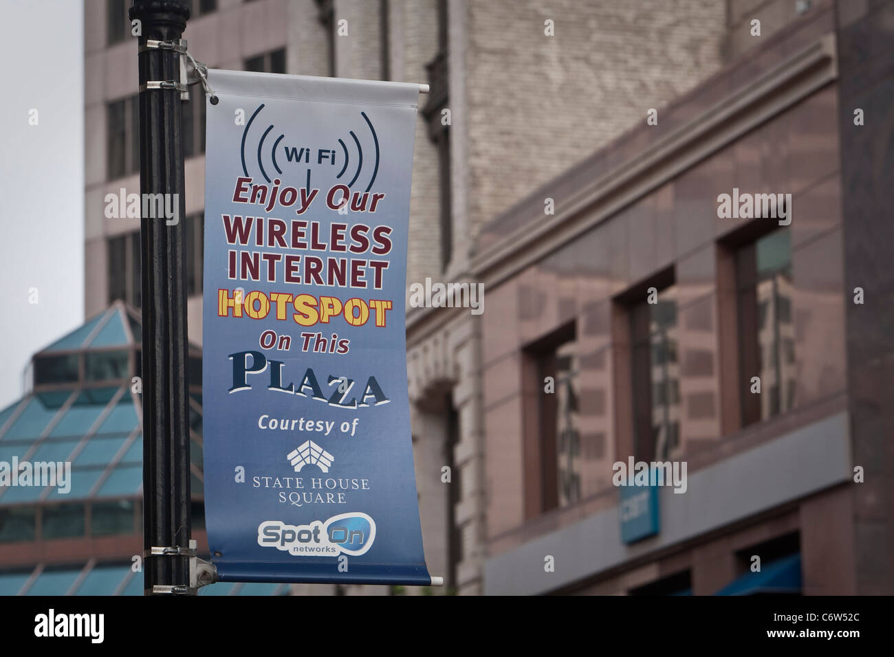 A banner advertising free wi-fi is pictured in State House Square plaza ...