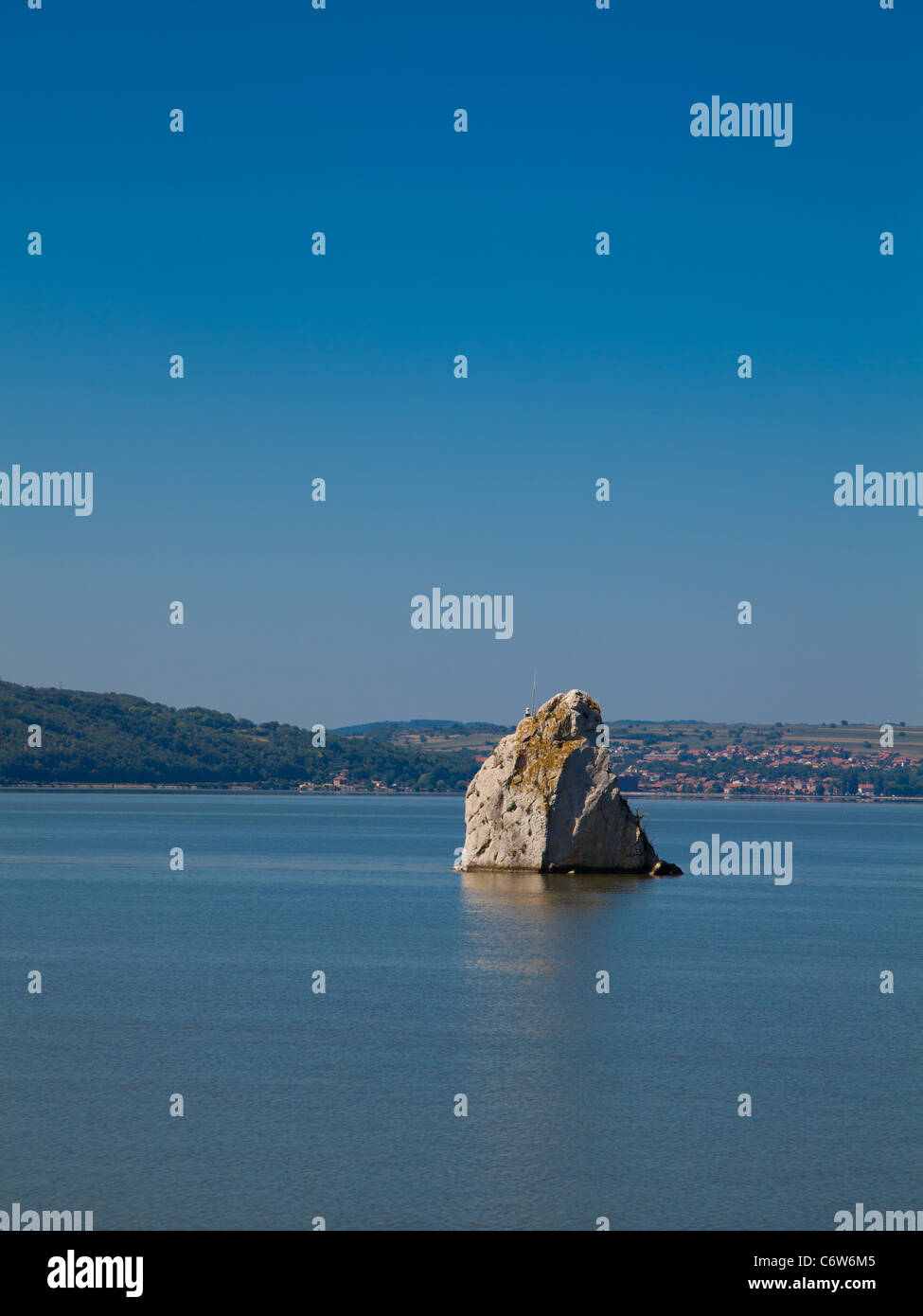 Panorama of Baba Caia rock in Danube river at the border between Serbia ...