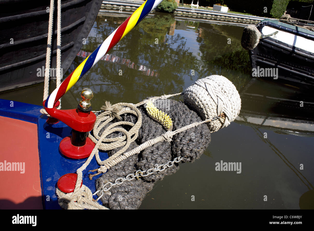 Stack of four button, fenders, on, the, stern of, a, narrowboat, rear ...