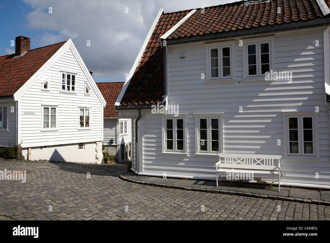 Traditional white, timber-clad Norwegian houses in Stavanger, Norway ...