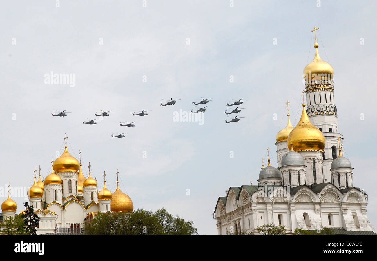 Victory Day Parade Rehearsals in Moscow. Russian Air Force helicopters ...