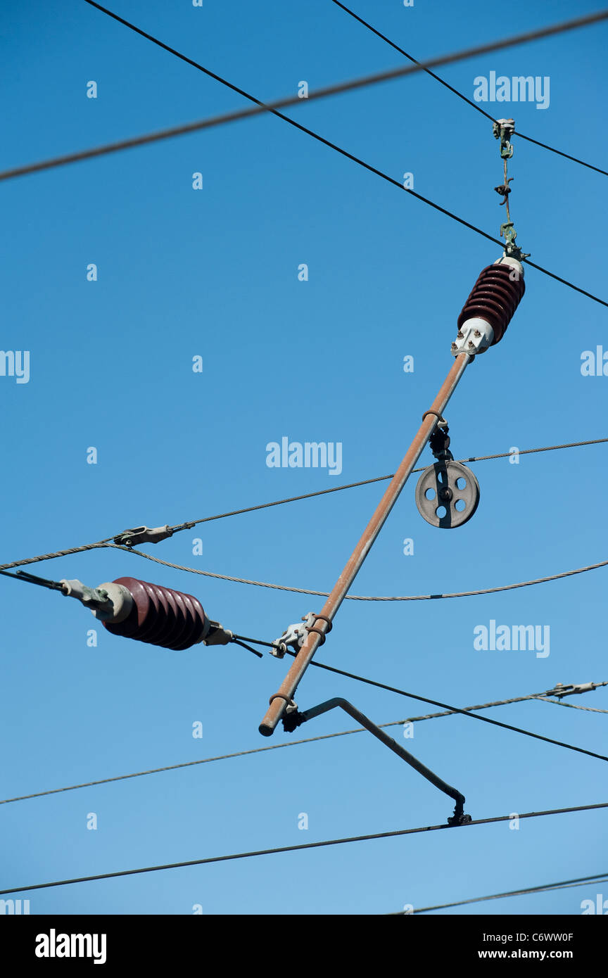 Close up of catenary (overhead power lines) on a high speed railway ...