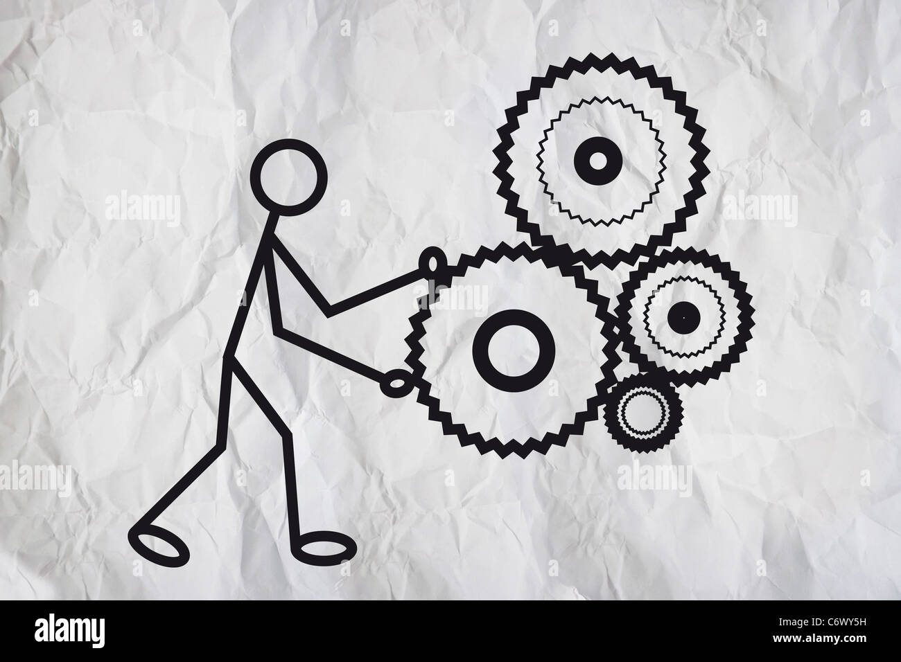 Simple illustration of a humanoid figure pulling gears, business ...