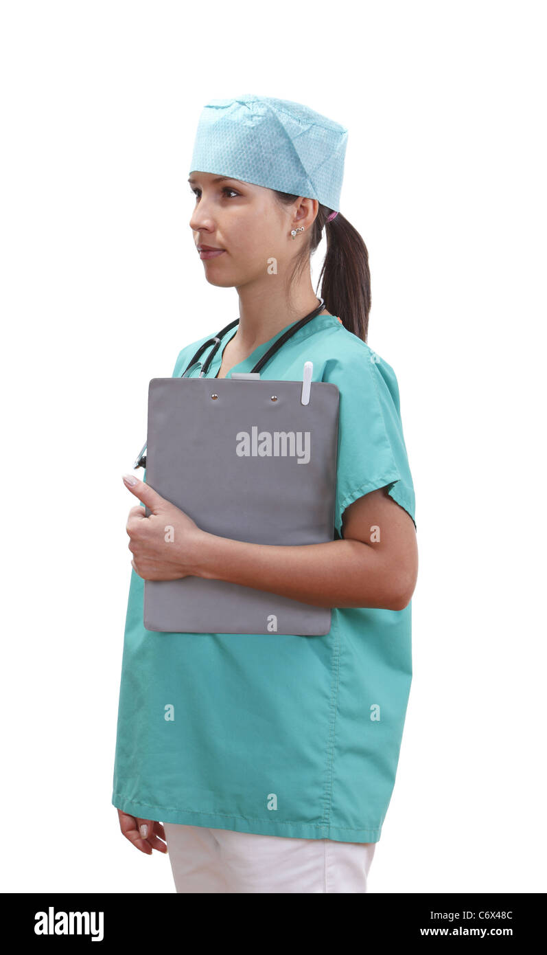 Nurse with stethoscope and notepad isolated against a white background ...