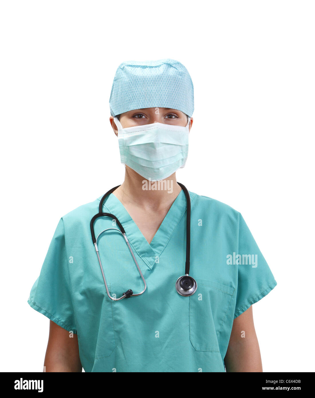 Portrait of a confident female doctor wearing a mask isolated against a ...