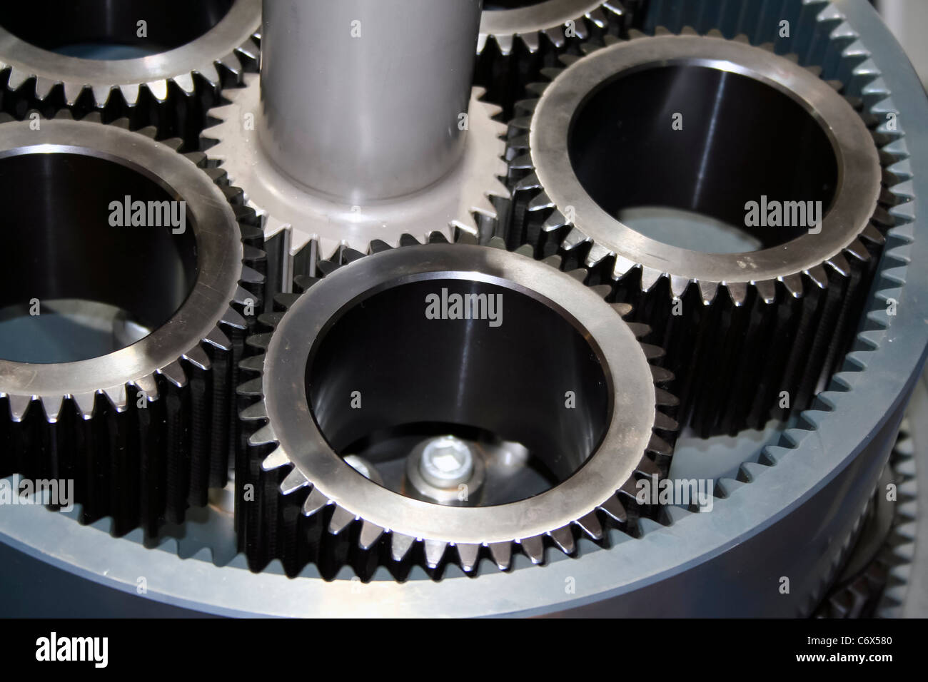 A close-up view of reduction gears for a piston engine, highlighting ...