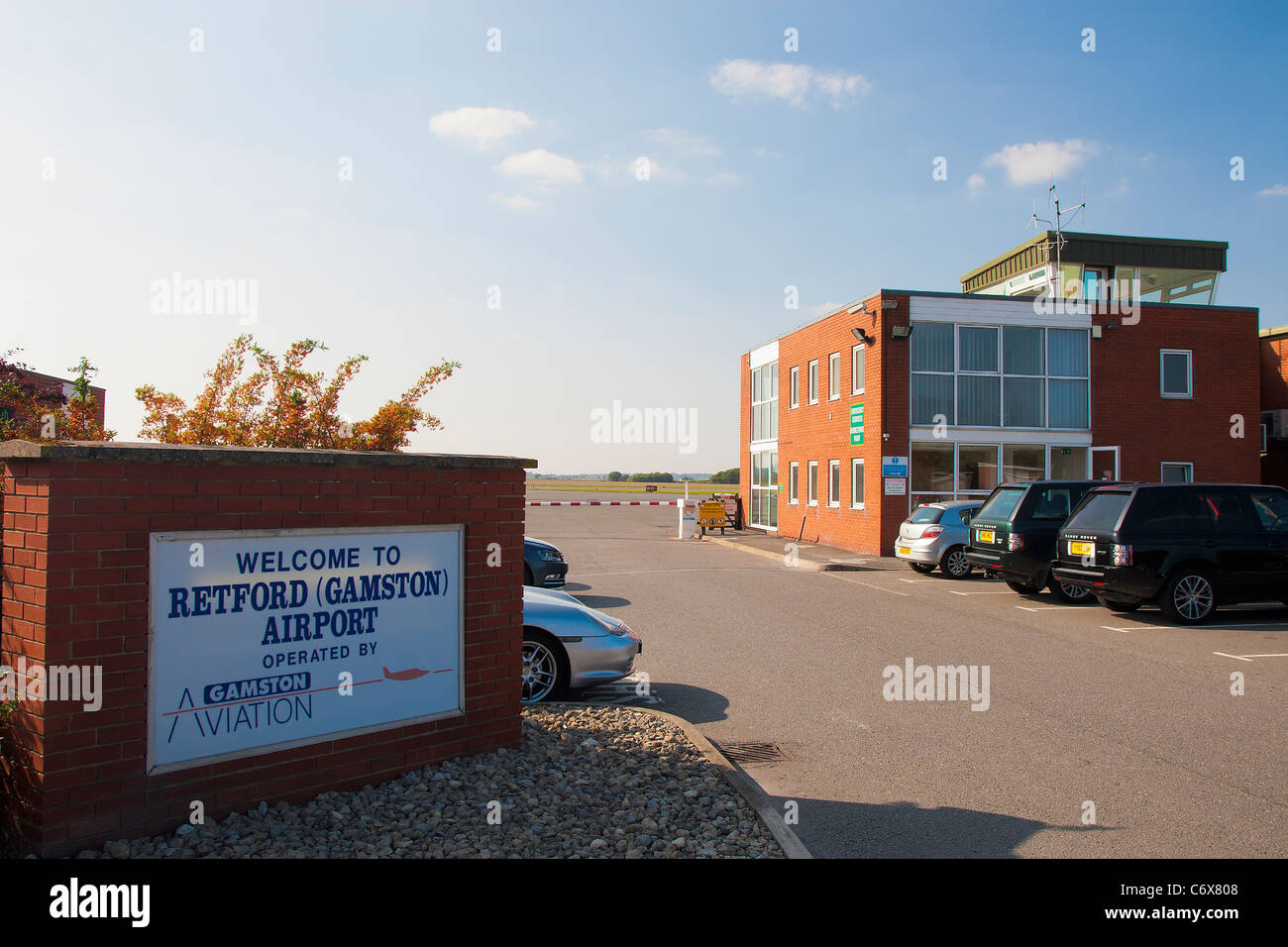 Retford Gamston Airport. Sign, entrance, car park and control tower ...