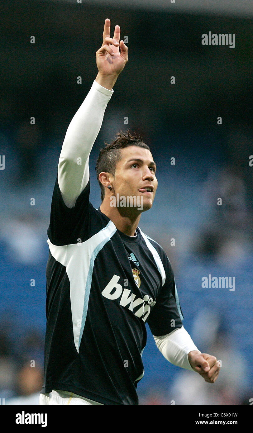 Cristiano Ronaldo of Real Madrid salutes before the La Liga match ...