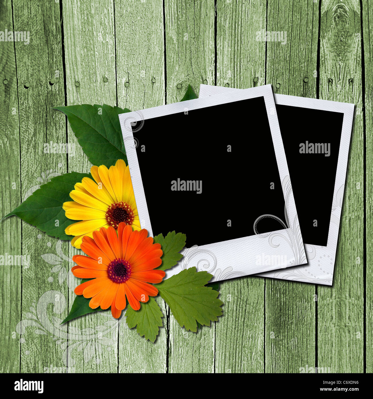 ancient photo frames on wooden texture Stock Photo - Alamy