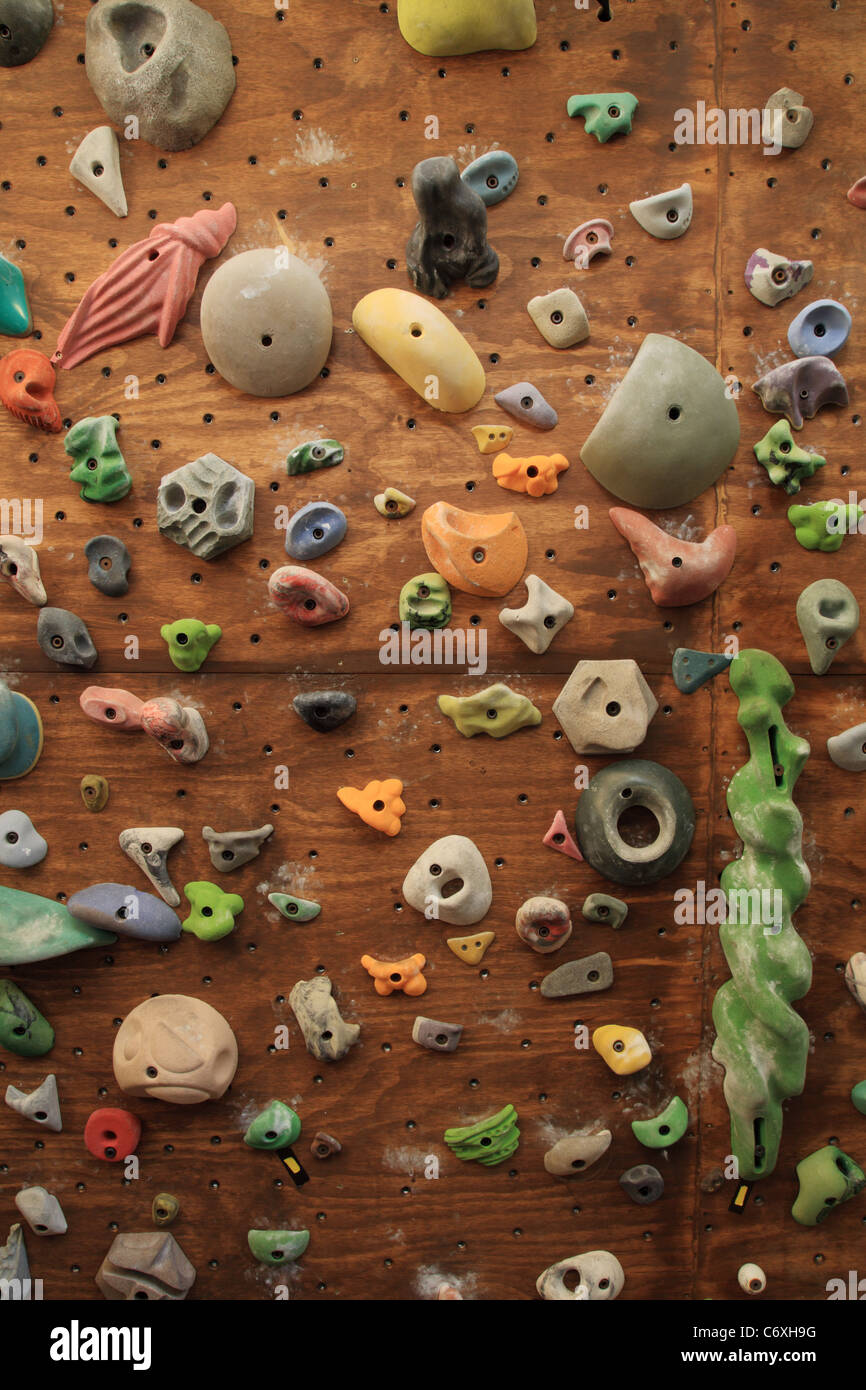vertical image of homemade indoor artificial climbing wall covered with ...