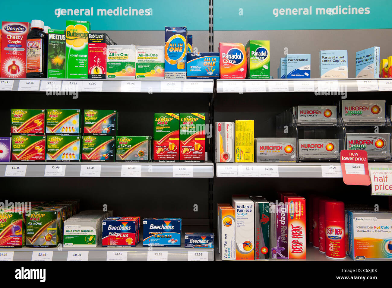 Medicines including common cold remedies, on a shelf in a UK chemist ...
