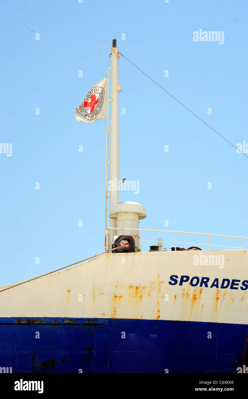 a red cross ship in the dock at Benghazi ready to sail Stock Photo - Alamy