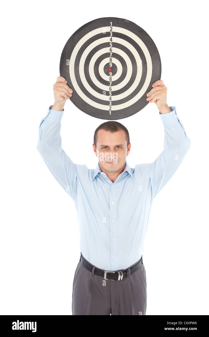 Young businessman holding a target above his head, isolated on white ...
