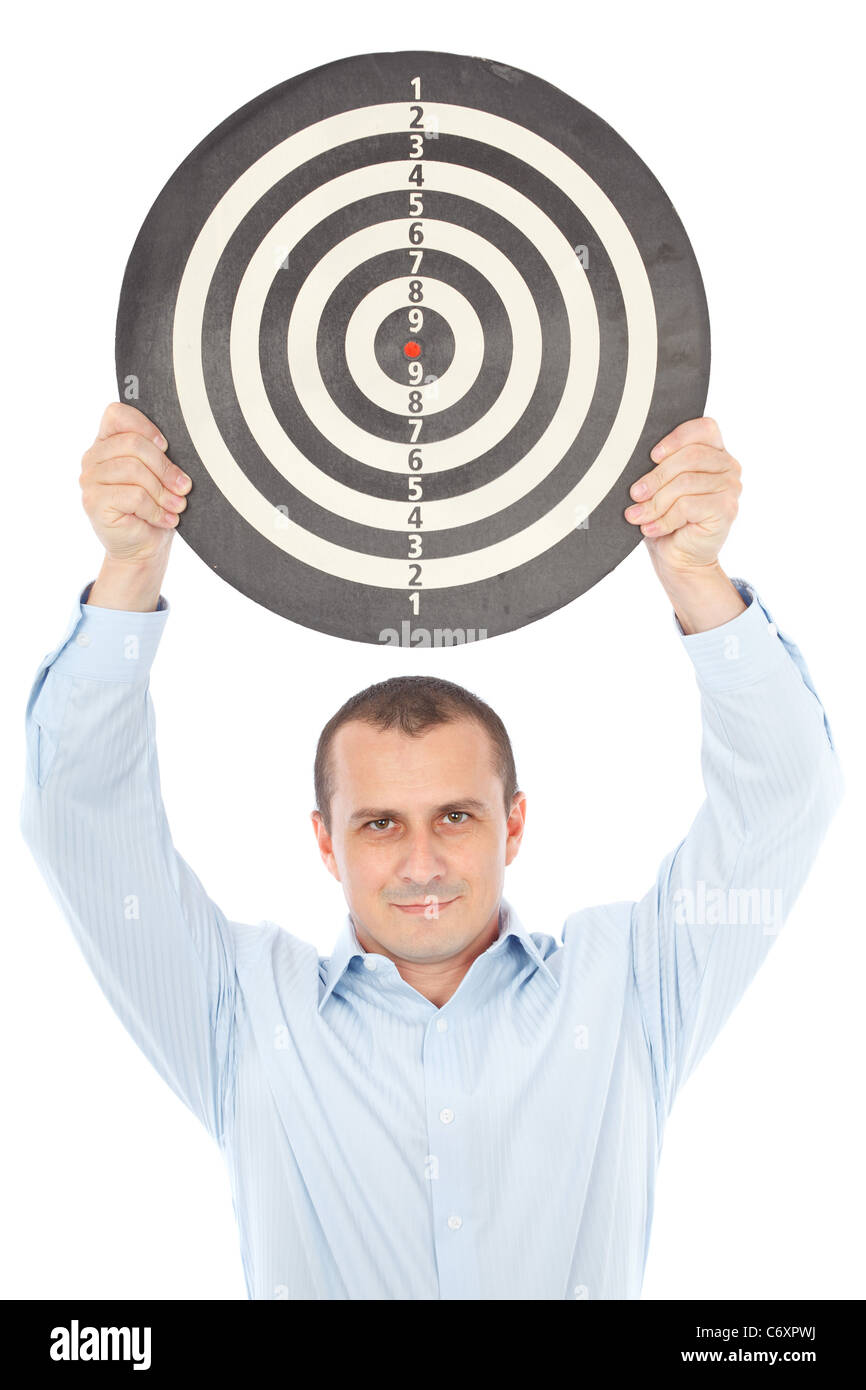 Young businessman holding a target above his head, isolated on white ...