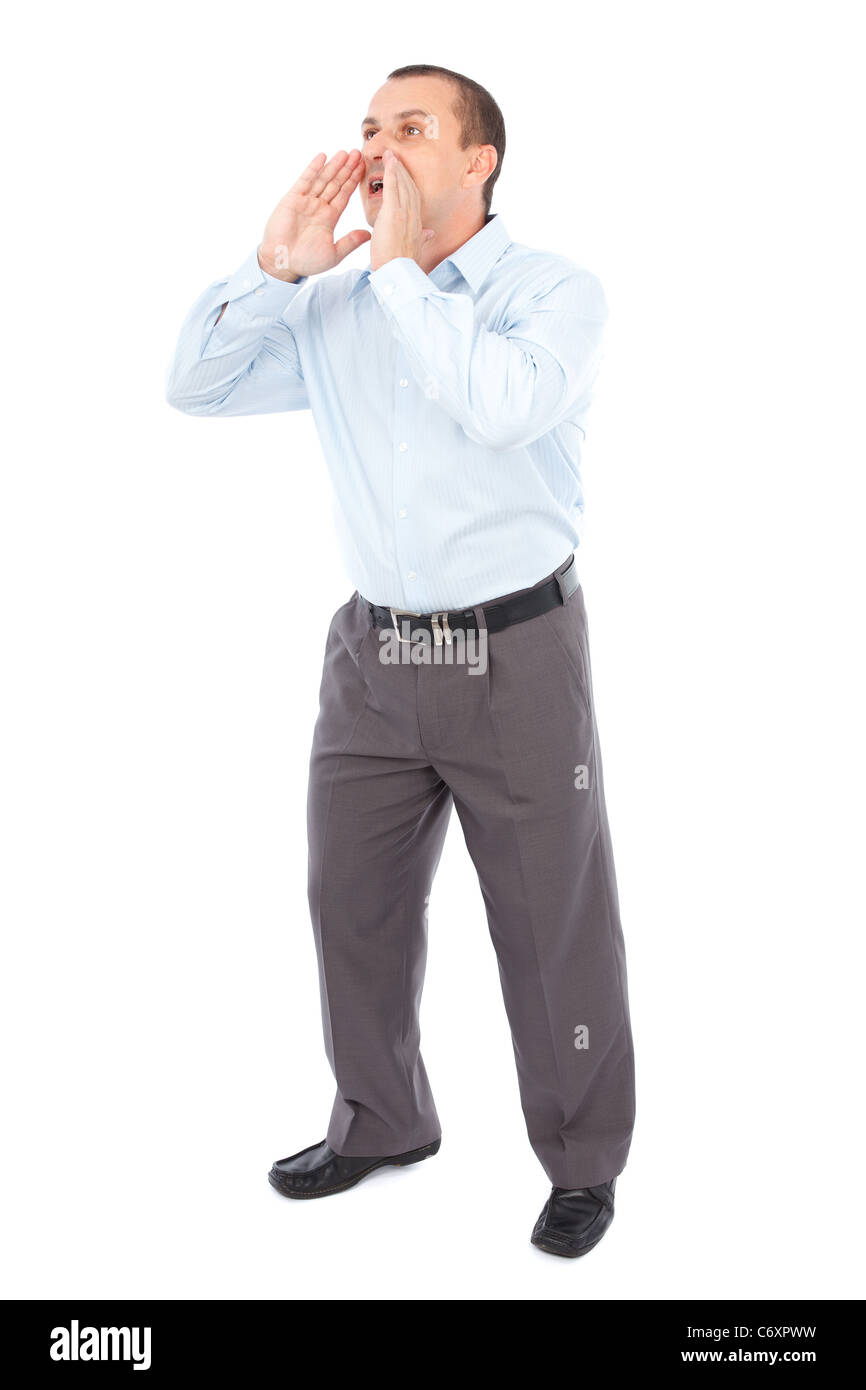 Full length portrait of a businessman yelling, isolated on white ...