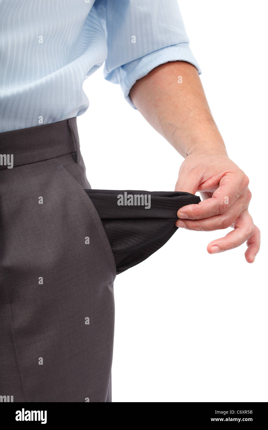 Businessman turning his empty pockets inside out, isolated on white ...