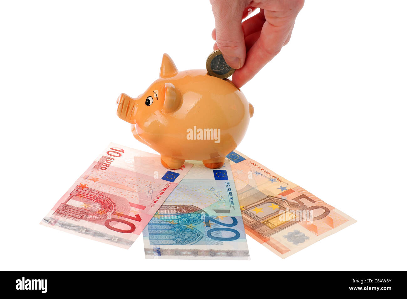 Piggy bank, hand and euro currency on white Stock Photo - Alamy
