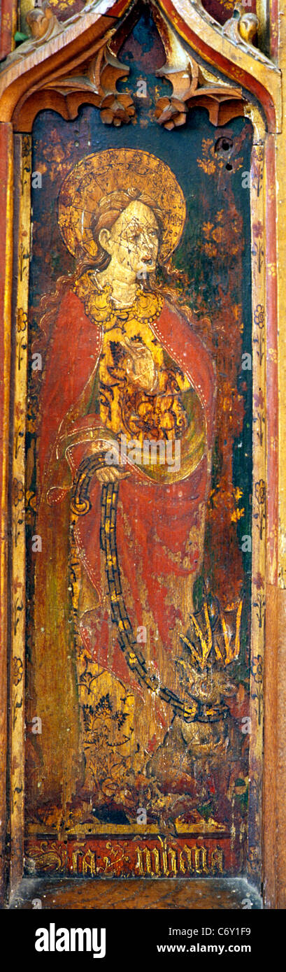 North Elmham, ,Norfolk Rood screen, St. Juliana scourging a Devil ...