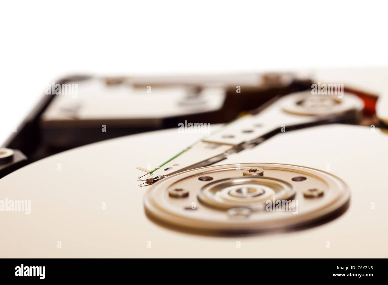Close-up inside view of hard disk isolated on white background Stock ...