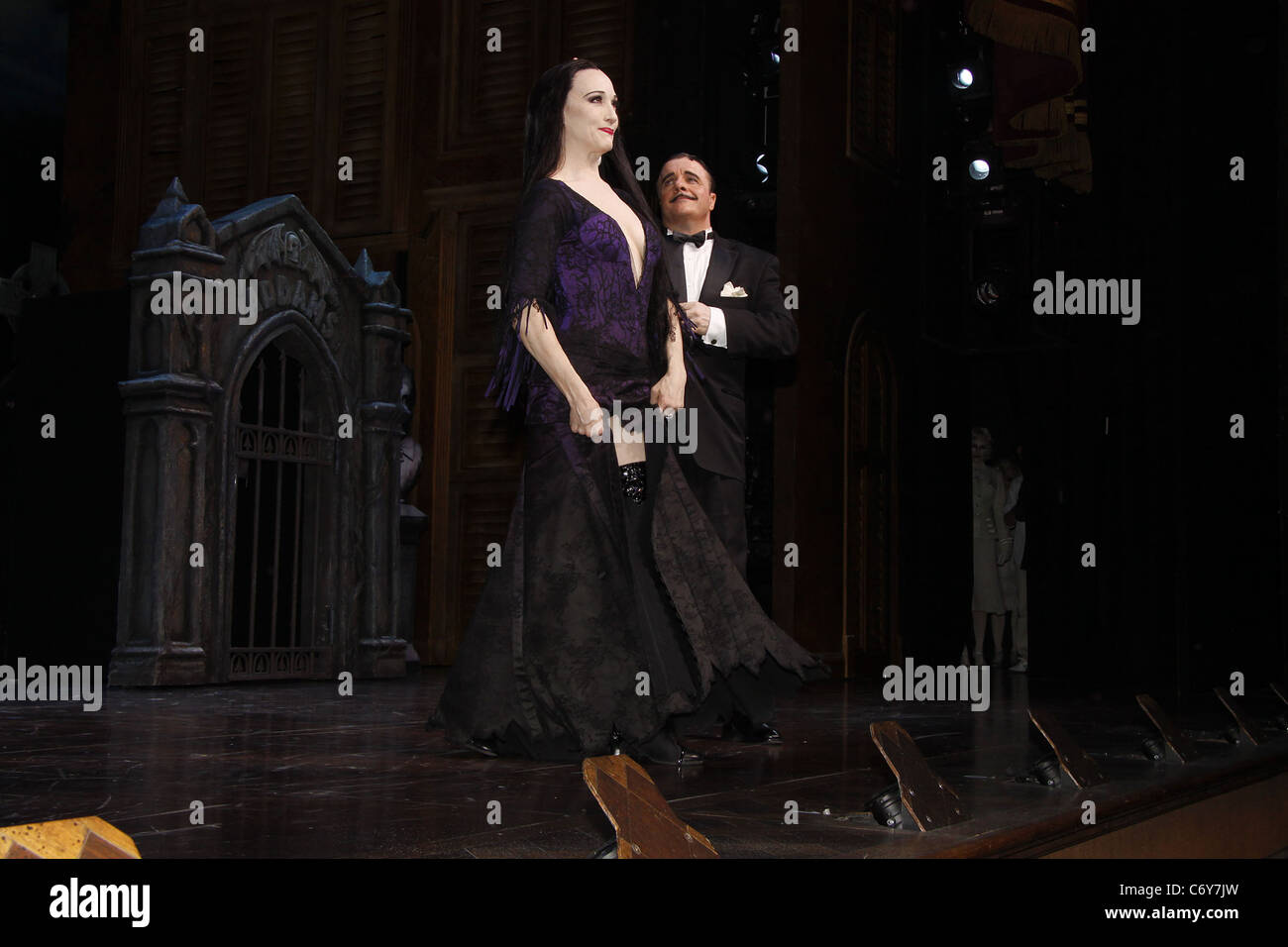 Bebe Neuwirth and Nathan Lane on stage during the opening night curtain ...