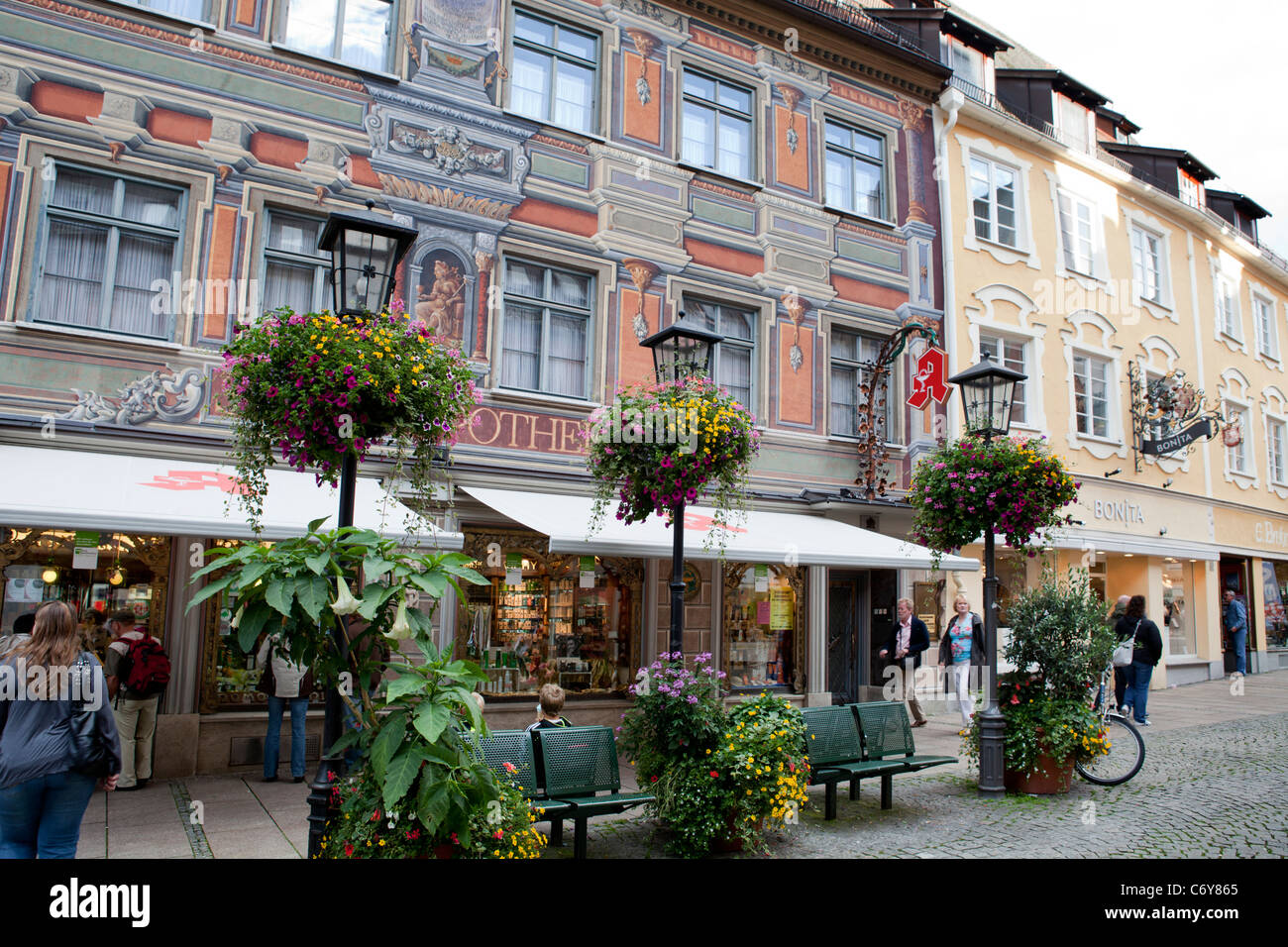 Fussen center village in Bayern, here main street with shops and ...