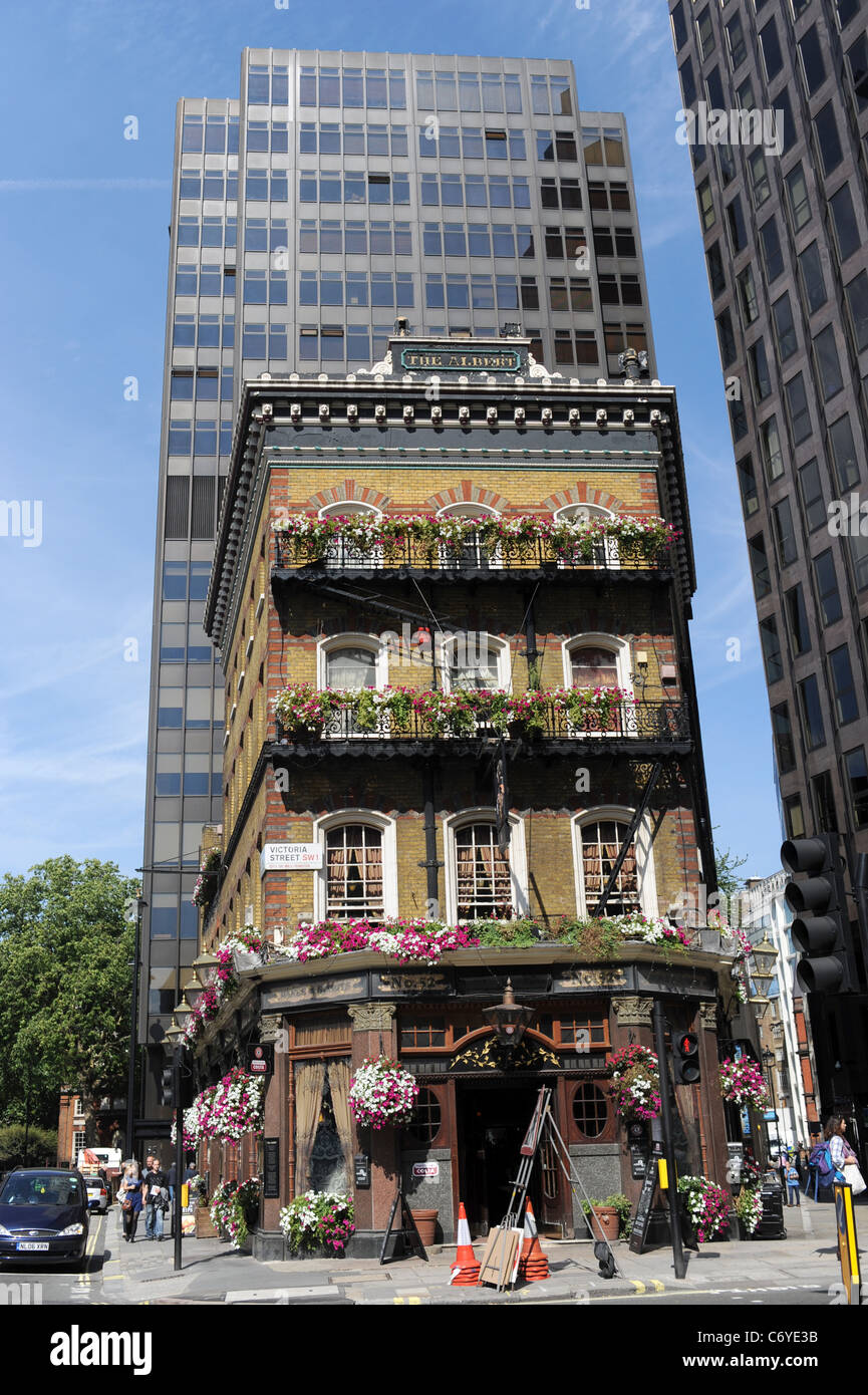 The Albert pub dwarfed by high rise office blocks in Victoria London UK ...