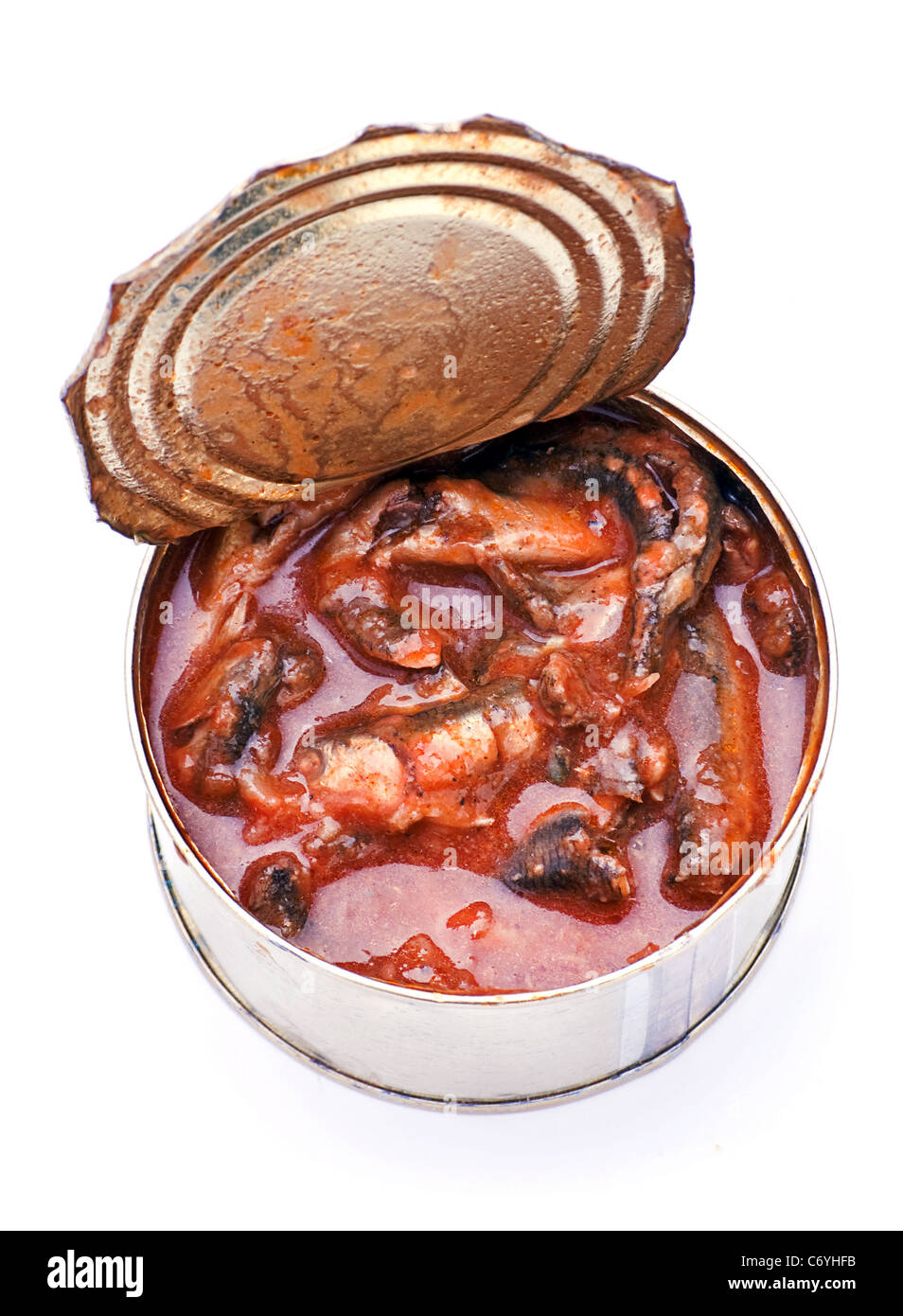 Anchovy preserved fish in metal can on white Stock Photo - Alamy