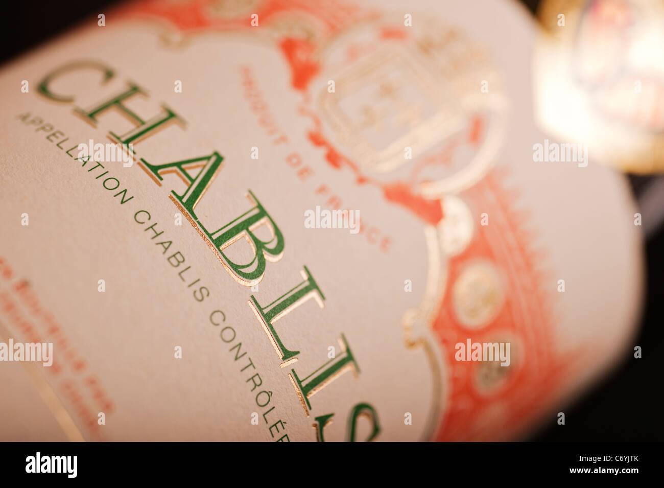Chablis wine bottle label closeup Stock Photo - Alamy
