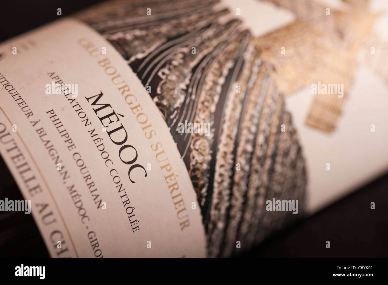 Chateau Tour Haut Caussan Medoc wine bottle label closeup Stock Photo ...