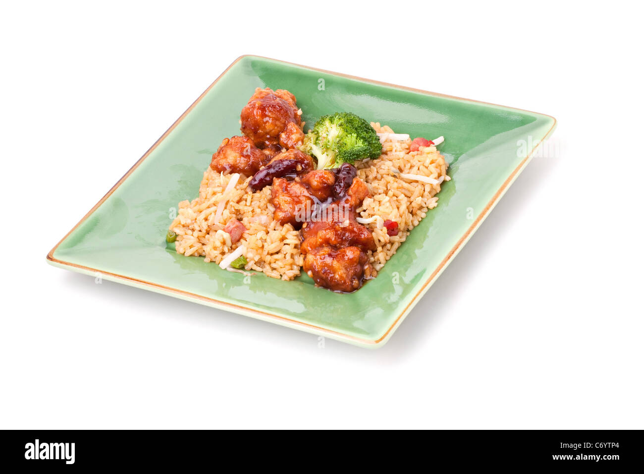 A plate of General Tsos chicken with broccoli and pork fried rice ...