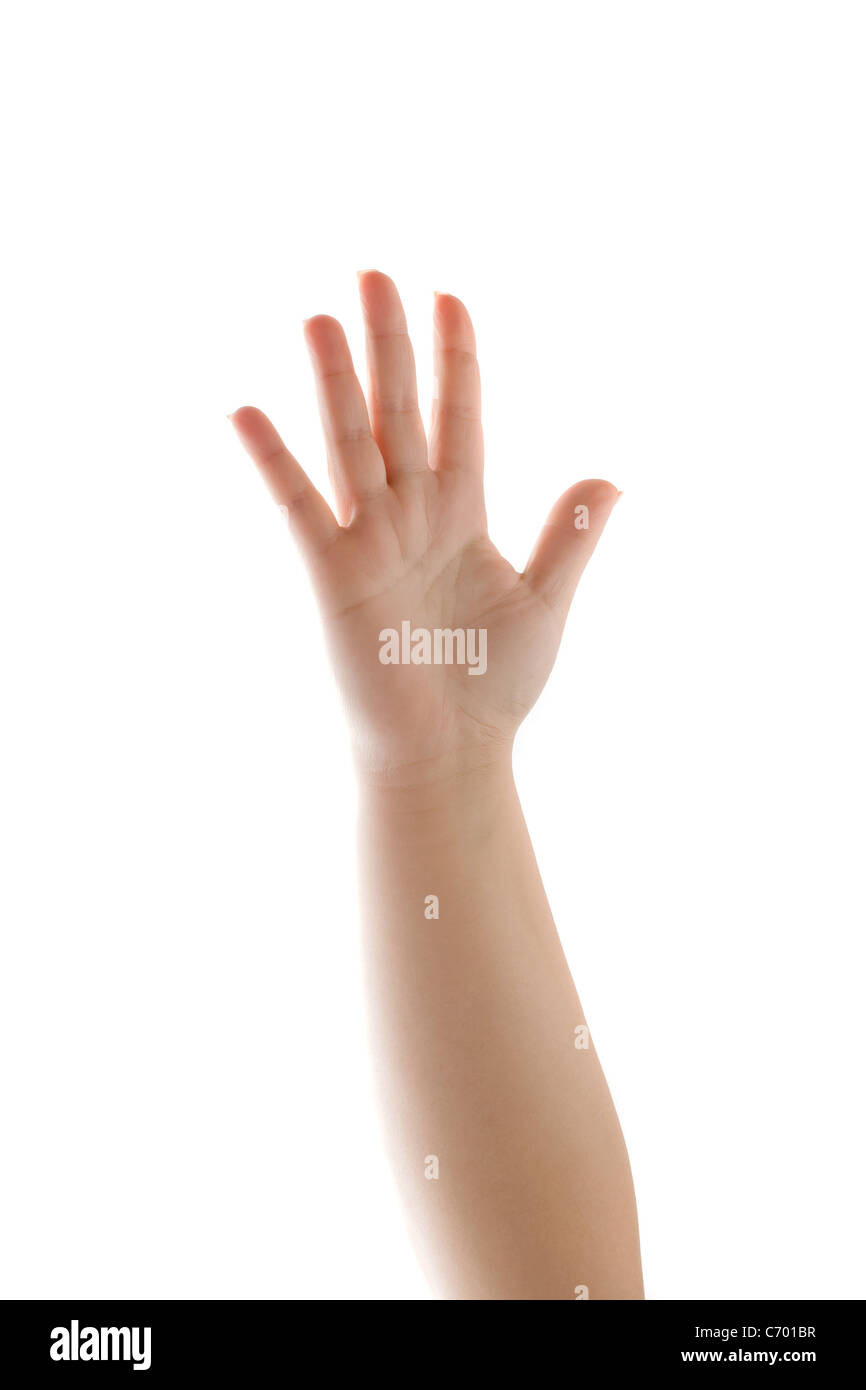 The palm of a human hand and forearm waving with five fingers extended ...